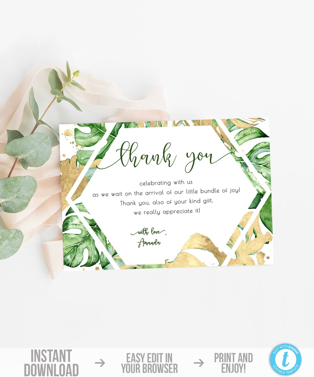 Tropical Thank You Card Gold Tropical Card Tropical Baby Shower Thank ...