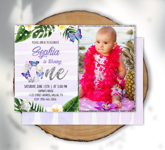Tropical Butterfly 1st Birthday Invitation with Photo Purple Silver ...