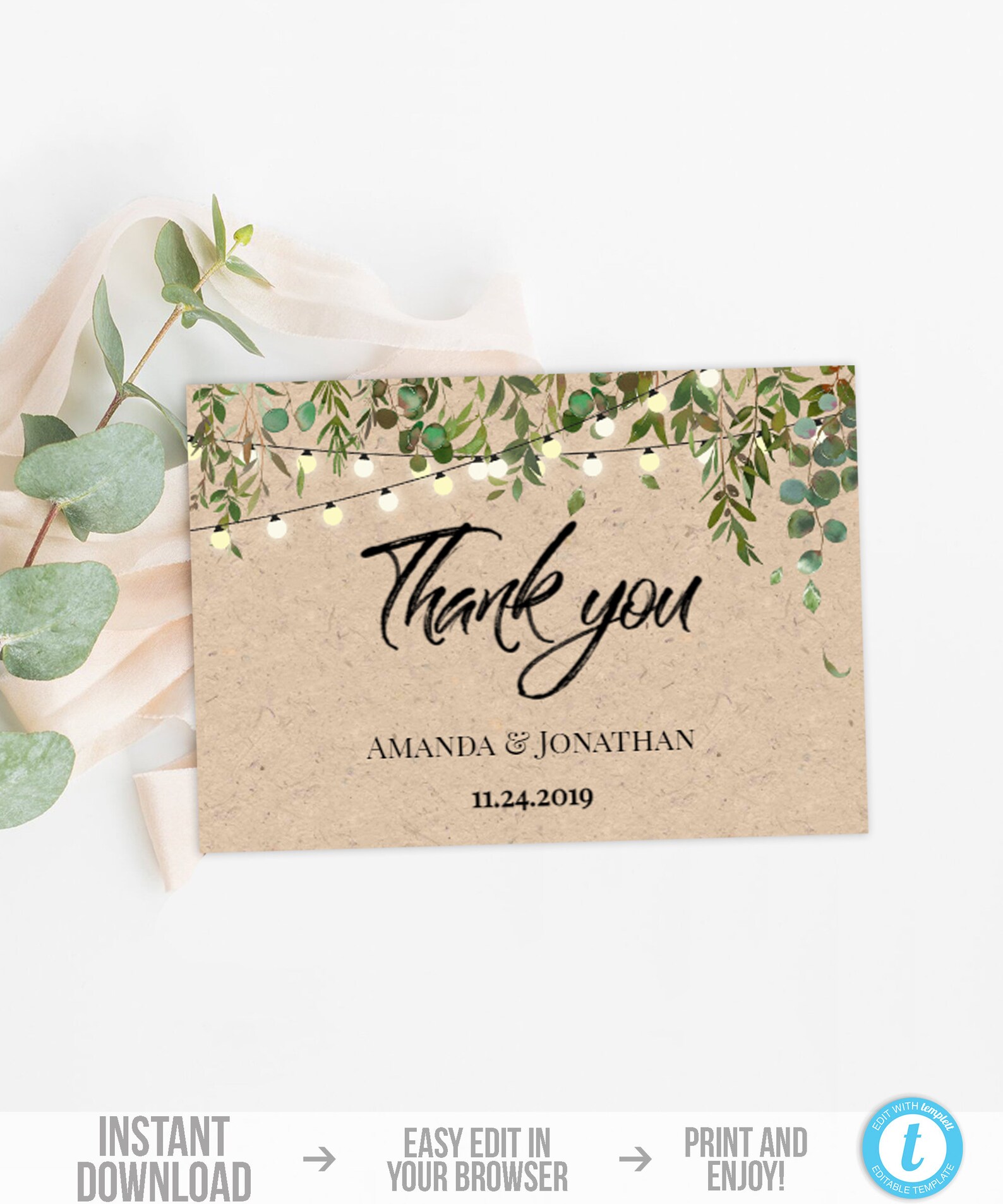 Rustic Greenery Thank You Card Template Botanical Thank You | Etsy