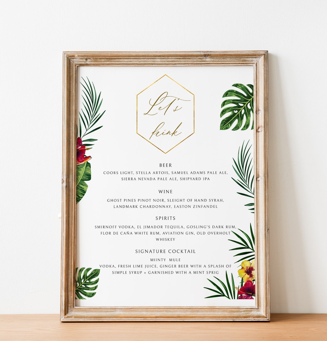 Tropical Menu Sign Template Printable Hawaiian Wedding Drink Menu ...