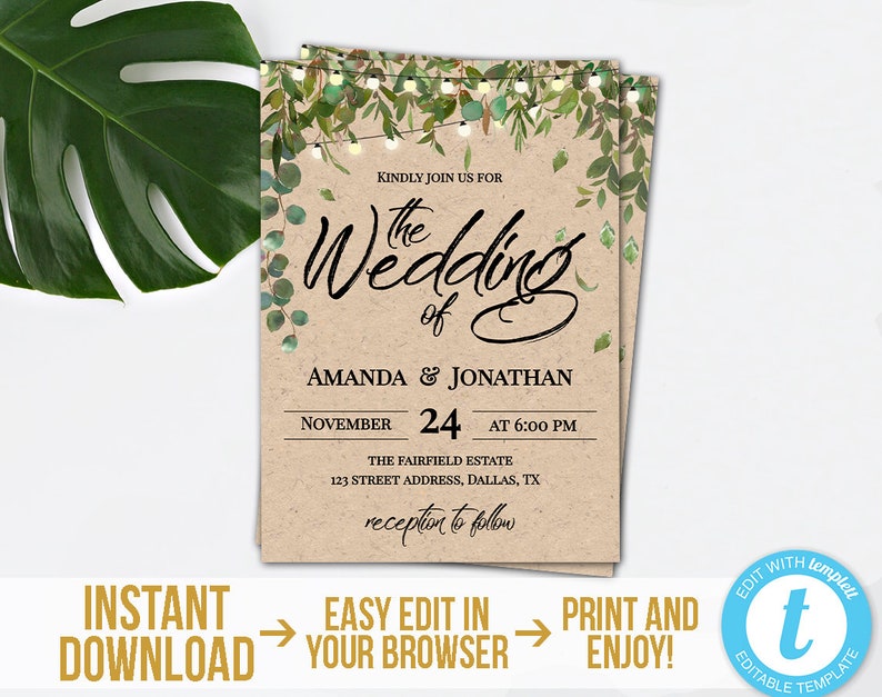 Rustic Greenery Wedding Invitation Template Printable | Etsy