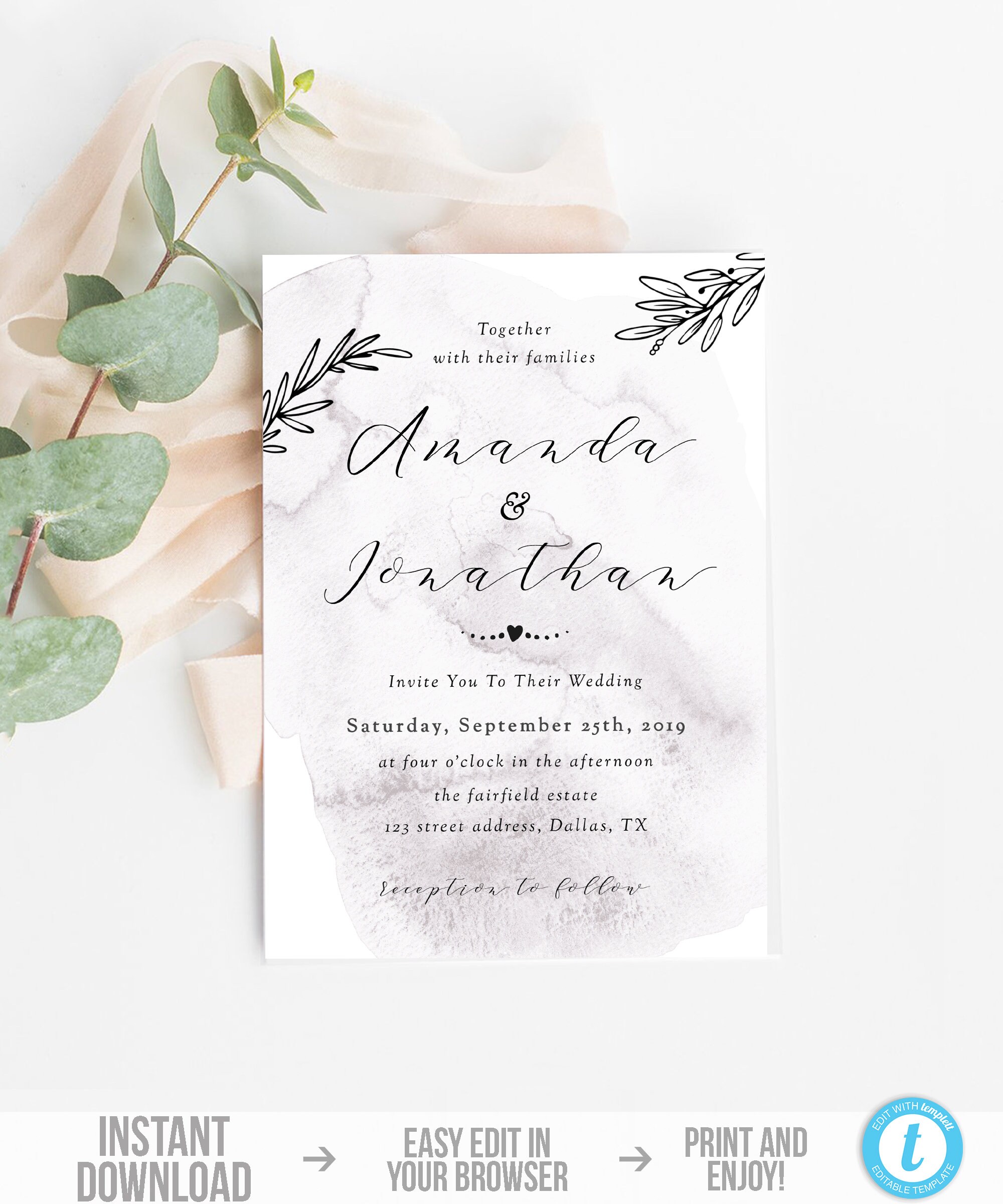 Gray Wedding Invitation Template Printable Minimalist Wedding - Etsy