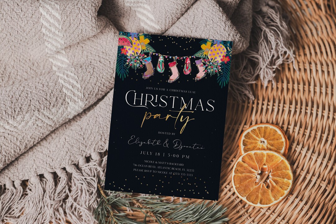 Tropical Christmas Party Invitation Summer Xmas Santa Invite Holiday ...