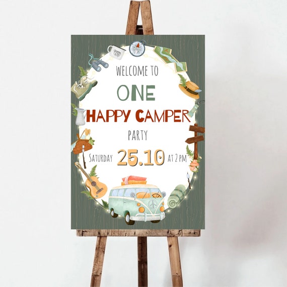 One Happy Camper Welcome Sign Adventure Birthday Poster Camping Welcome ...
