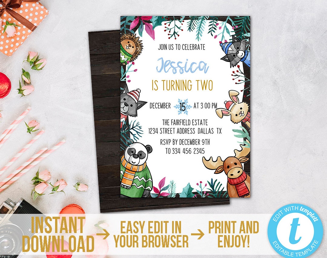 Winter Woodland Bithday Invitation Woodland Animals Invite Instant ...