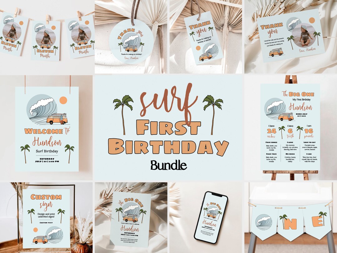 Surf First Birthday Bundle Surfer Birthday Invitation Bundle Surfing ...