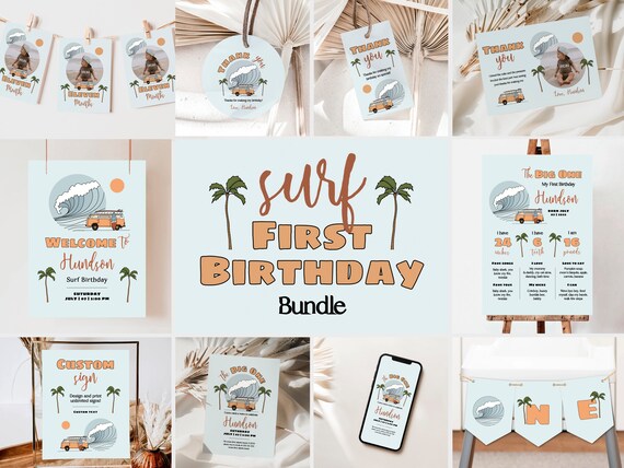 Surf First Birthday Bundle Surfer Birthday Invitation Bundle Surfing ...