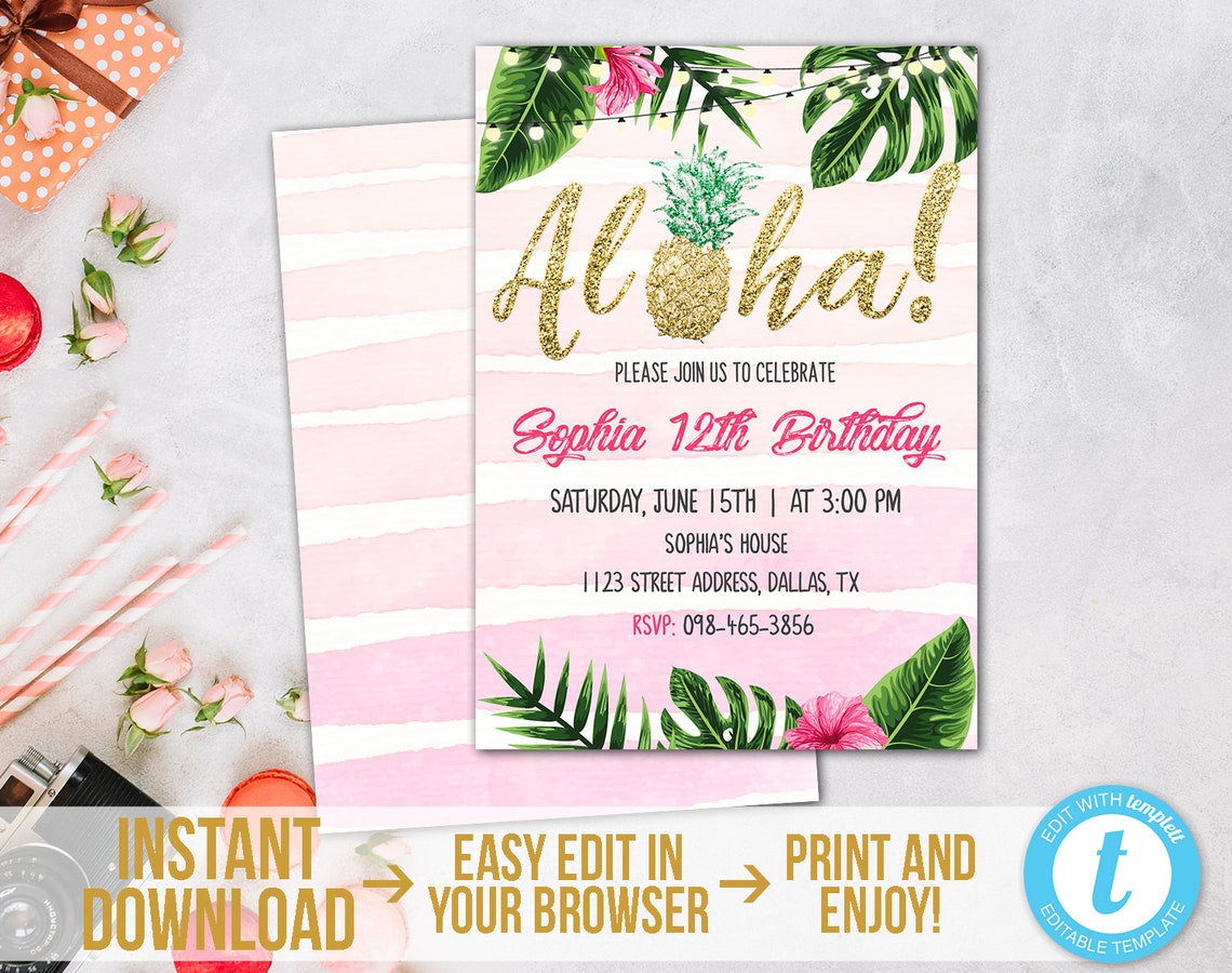 Aloha Birthday Invitation Template Pineapple Invitation | Etsy
