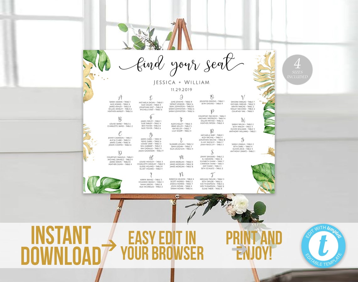 Tropical Wedding Seating Chart Printable Gold Tropical | Etsy