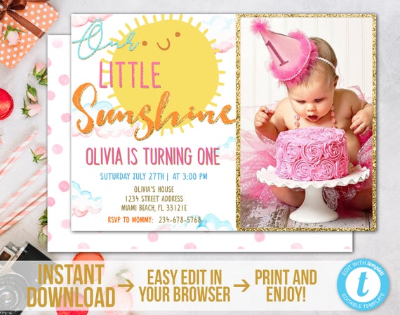 Sunshine Invitation with Photo Our Little Sunshine Birthday Invitation ...