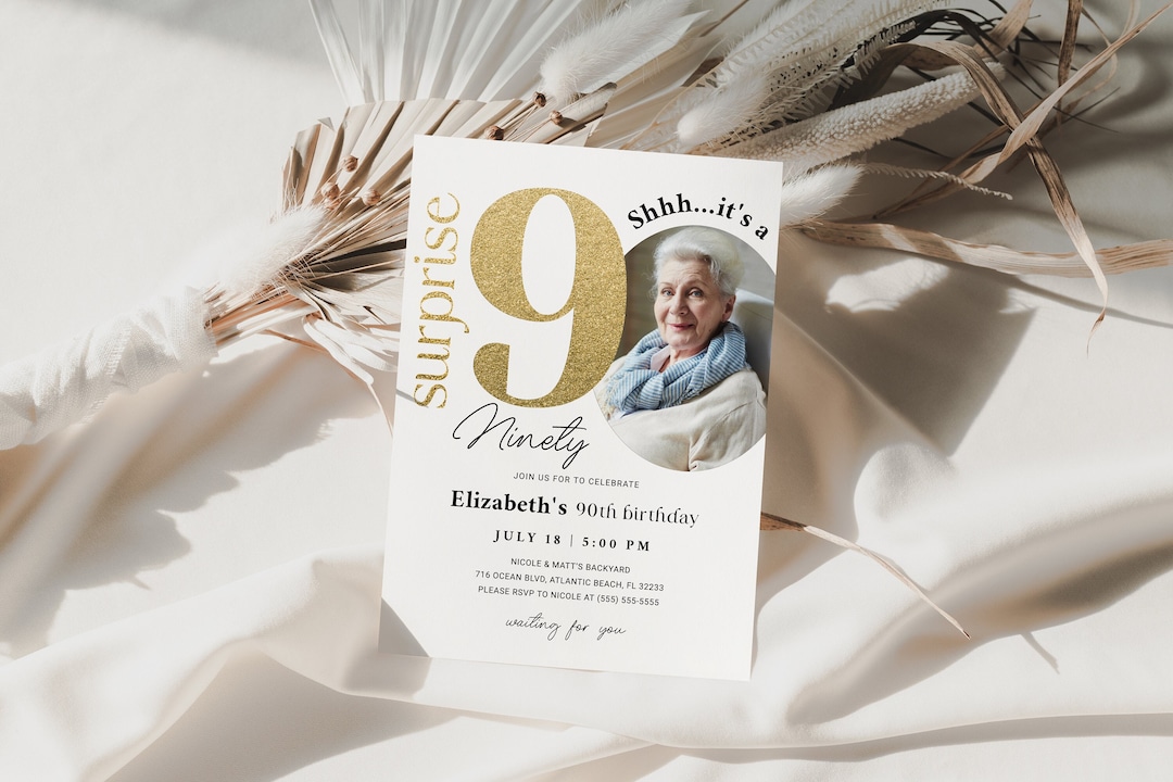 Surprise 90th Birthday Invitation With Photo Minimalist Simple Elegant ...