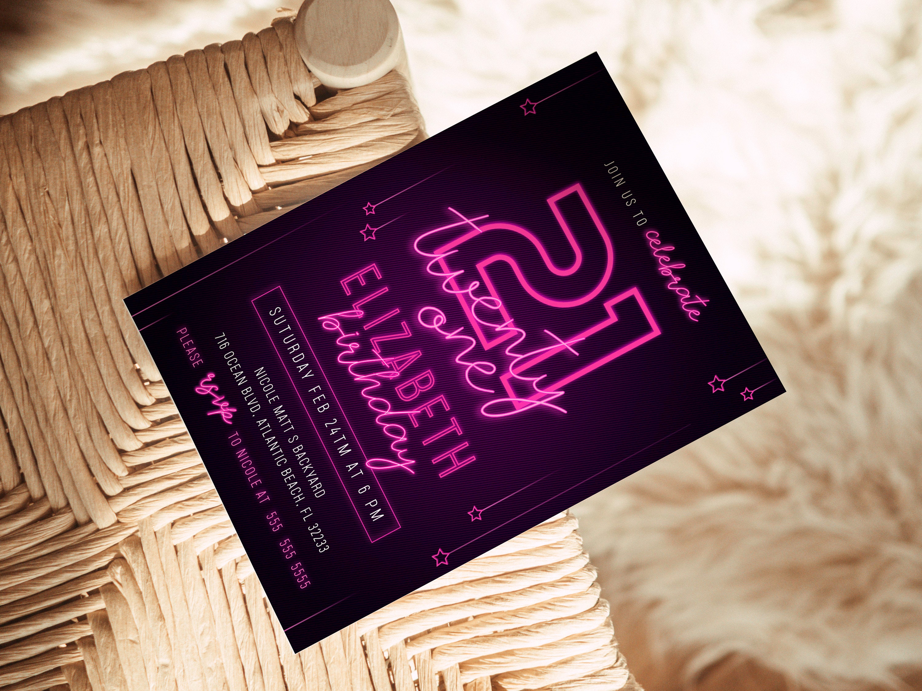 Pink Neon 21th Birthday Invitation Glow Neon Light Theme Girls - Etsy