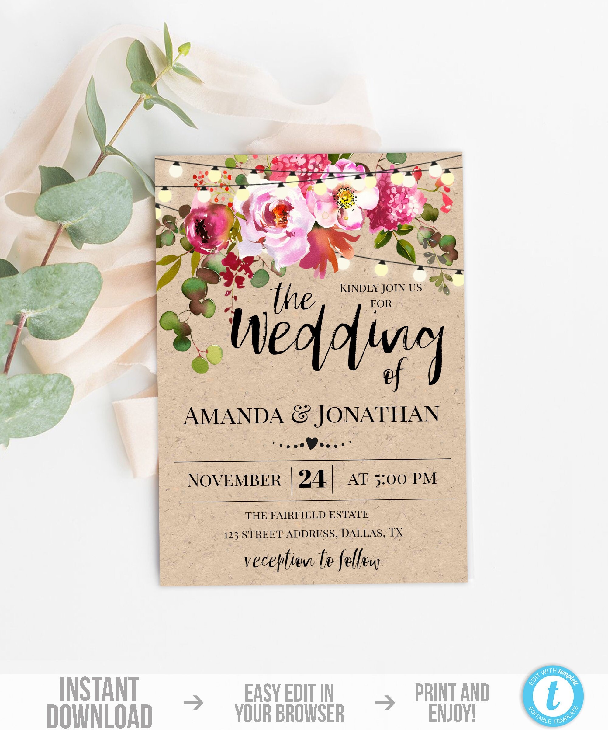 Rustic Floral Wedding Invitation Template Boho Wedding | Etsy