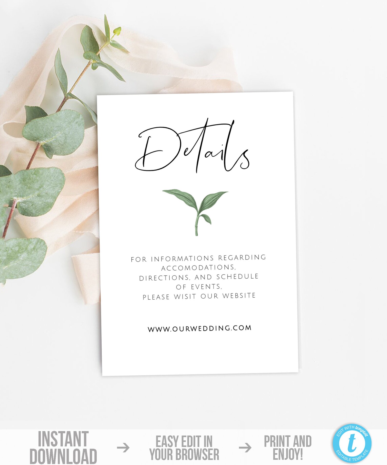 Greenery Details Card Template Botanical Wedding Details Card | Etsy