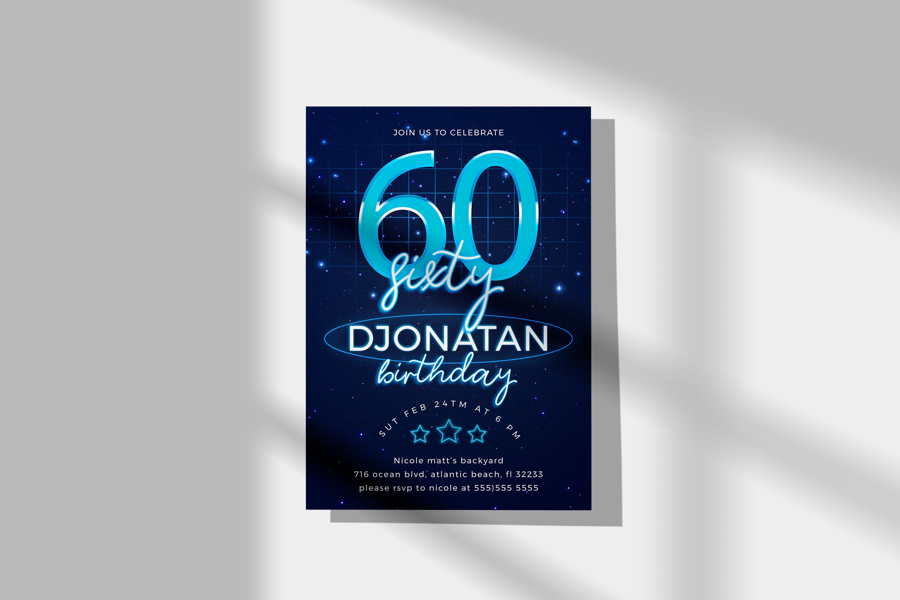 Blue Neon 60th Birthday Invitation Lets Glow Aqua Neon Birthday Party ...