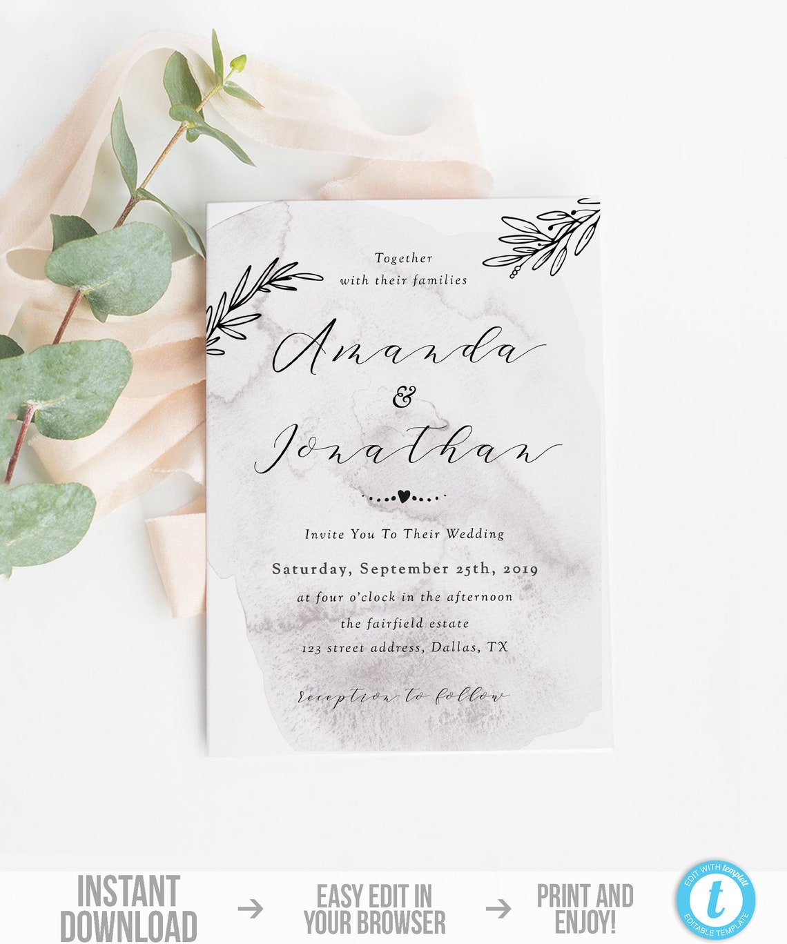 Gray Wedding Invitation Template Printable Minimalist Wedding - Etsy