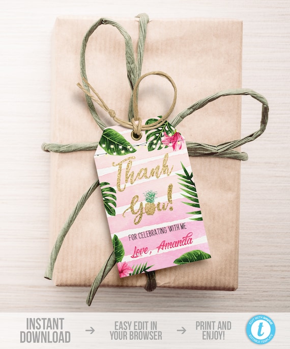 Tropical Thank You Tag Gold Luau Thank You Tag Template Hawaiian Favor ...