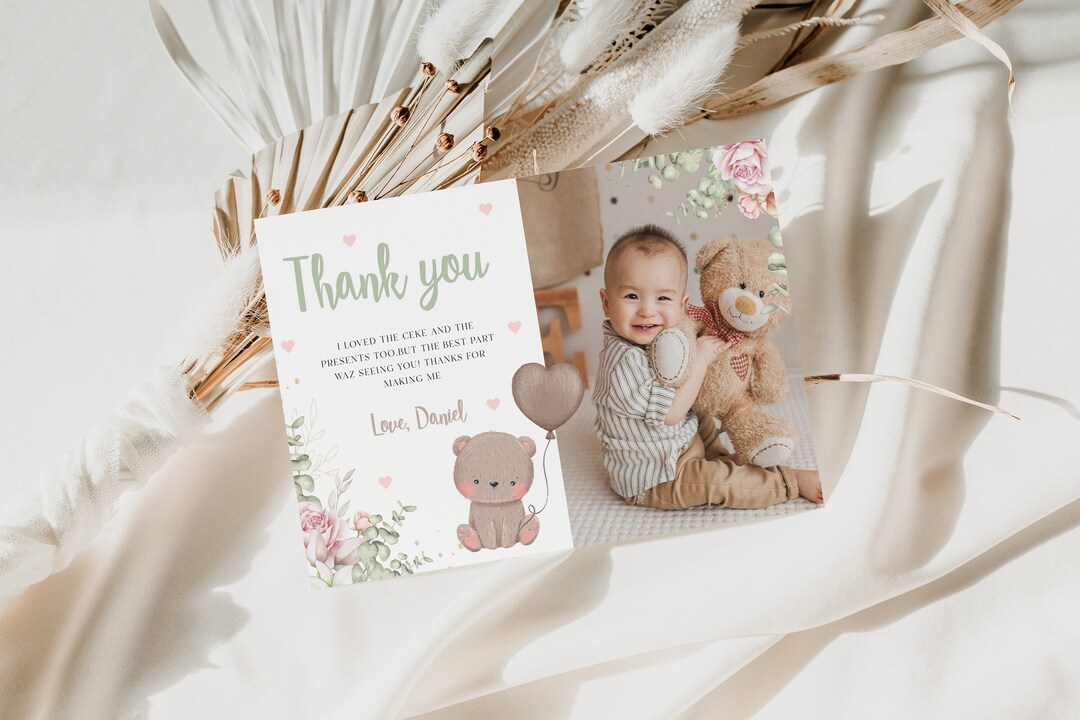 Teddy Bear Birthday Thank You Card With Photo Bearly One Year Party ...