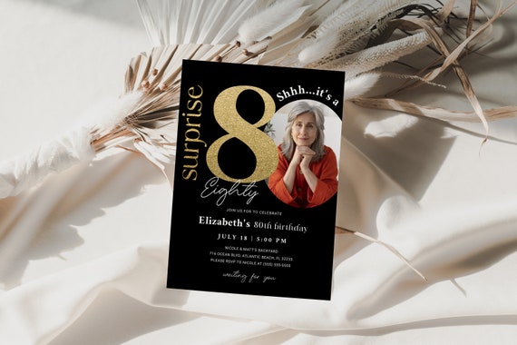 Black Gold Surprise 80th Birthday Invitation With Photo Mens Womens