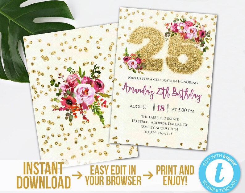 25th Birthday Invitation Editable Gold Glitter 25th Birthday - Etsy