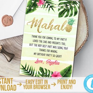 Tropical Thank You Card Hawaiian Birthday Thank You Card Printable Luau ...