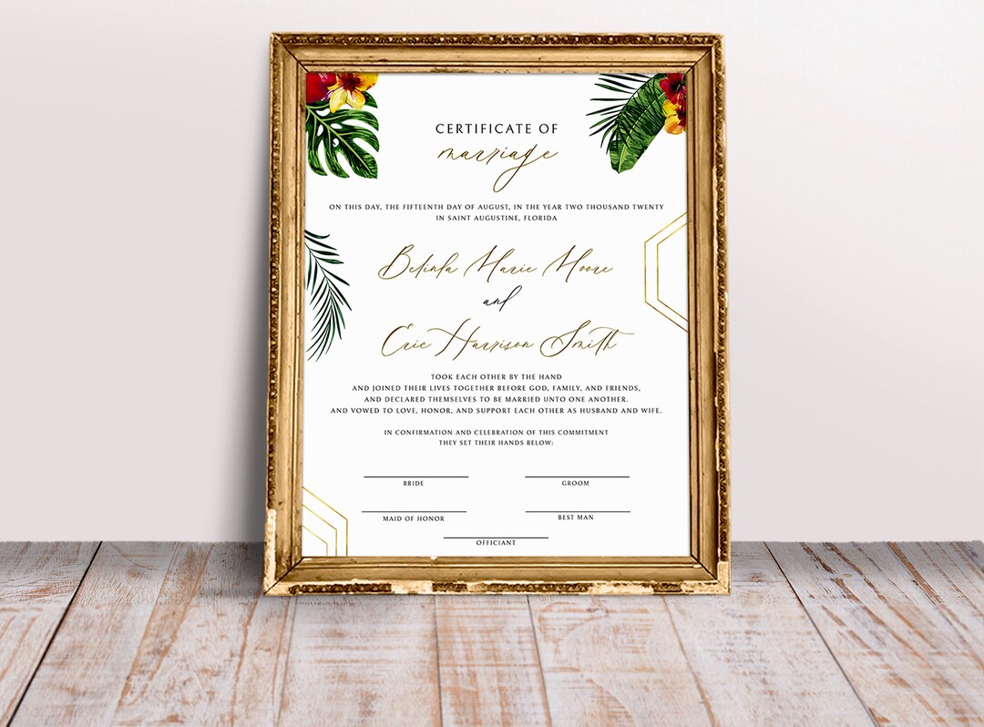 Tropical Marriage Certificate Template Hawaiian Wedding Certificate ...