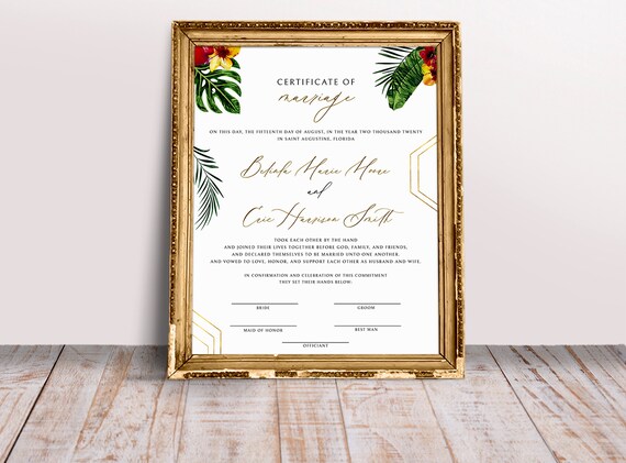 Tropical Marriage Certificate Template Hawaiian Wedding Certificate ...