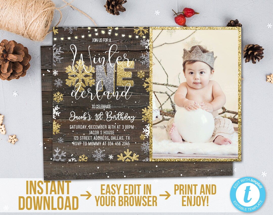 Rustic Winter Onederland Invitation With Photo Gold and Silver - Etsy