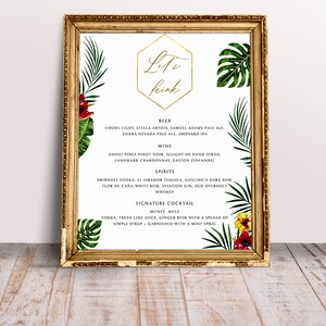 Tropical Menu Sign Template Printable Hawaiian Wedding Drink Menu ...