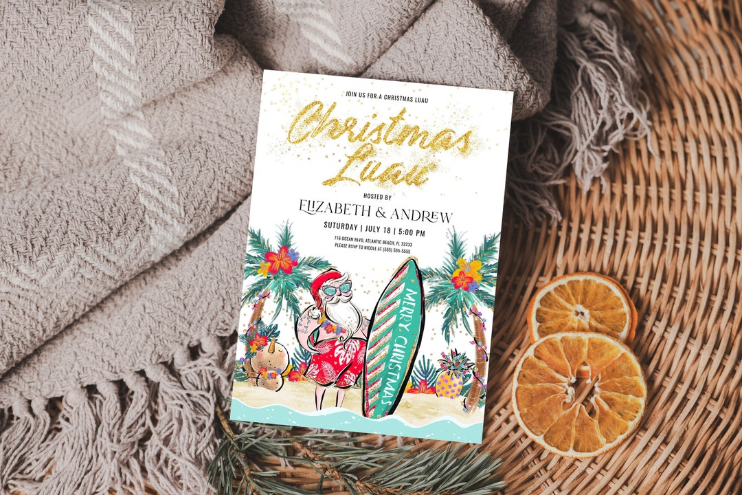 Christmas Luau Invitation Summer Xmas Santa Invite Christmas in July ...