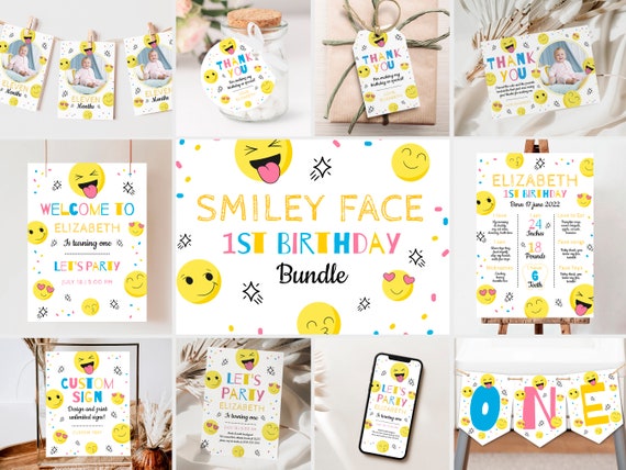 Smiley Face First Birthday Bundle Happy Funny Emoji Birthday Invitation ...