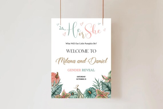 Pumpkin Gender Reveal Welcome Sign Template He or She Fall - Etsy