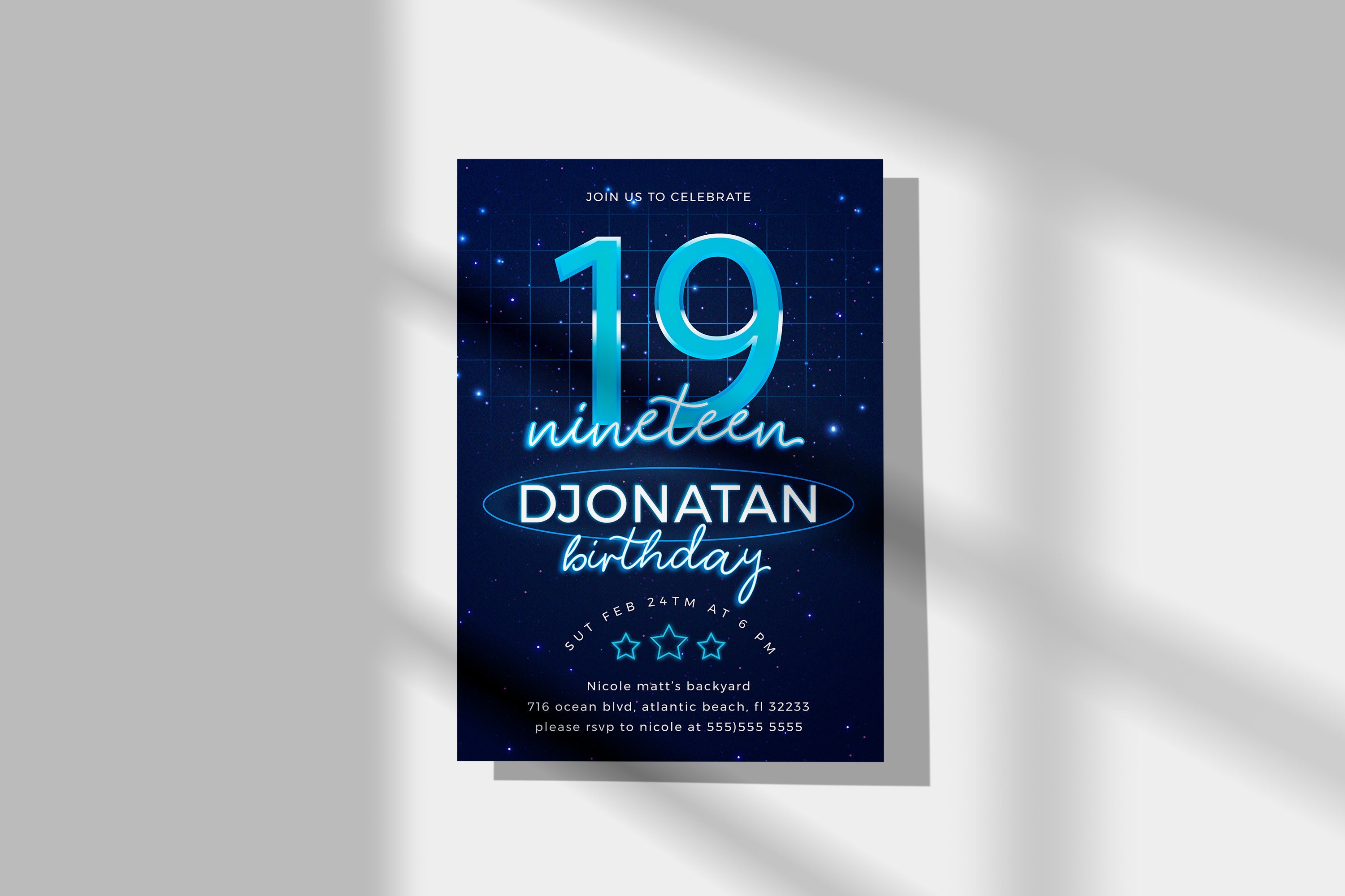 Blue Neon 19th Birthday Invitation Template Glow Party - Etsy