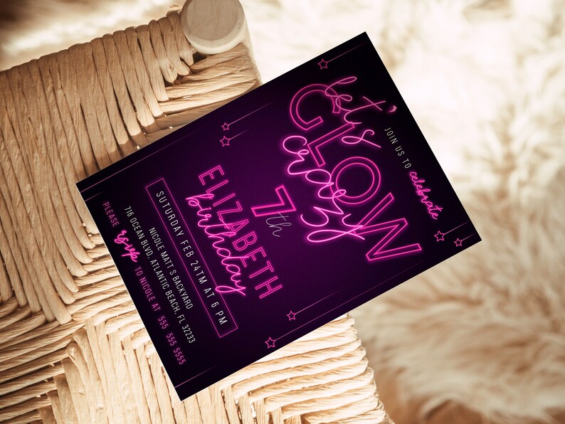 Pink Neon Party Invitation Let's Glow Crazy Birthday - Etsy