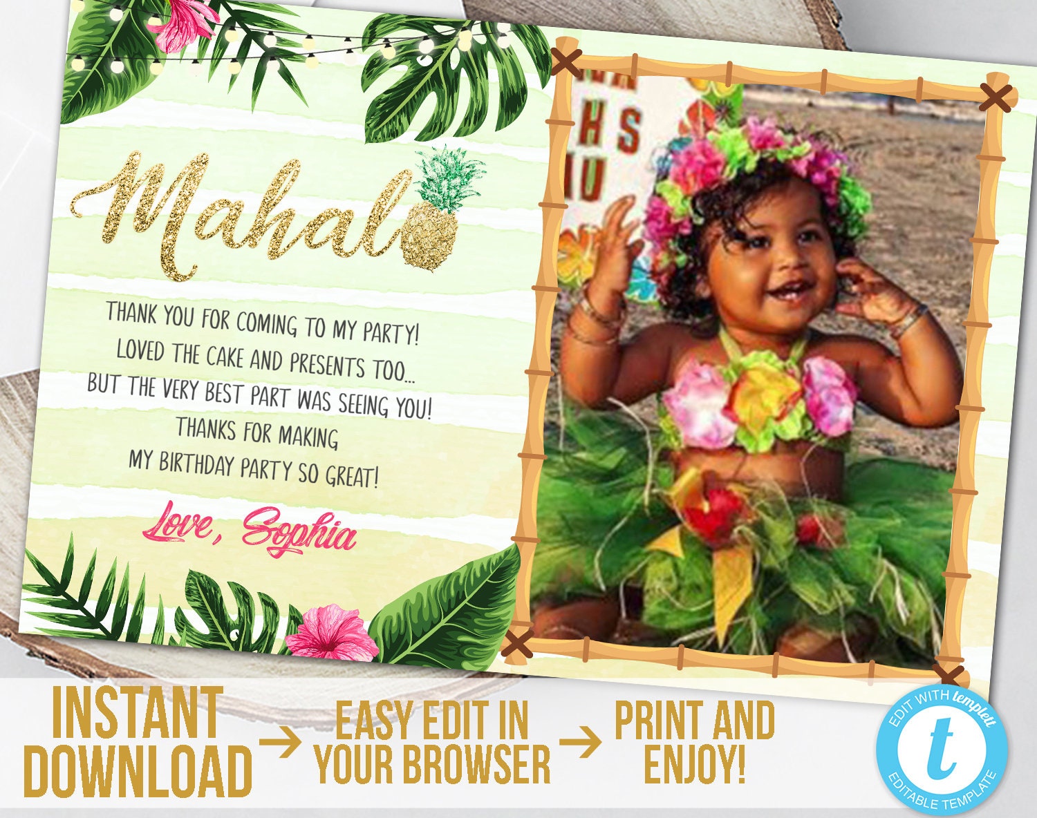 Tropical Thank You Card With Photo Mahalo Thank You Card Printable Luau ...