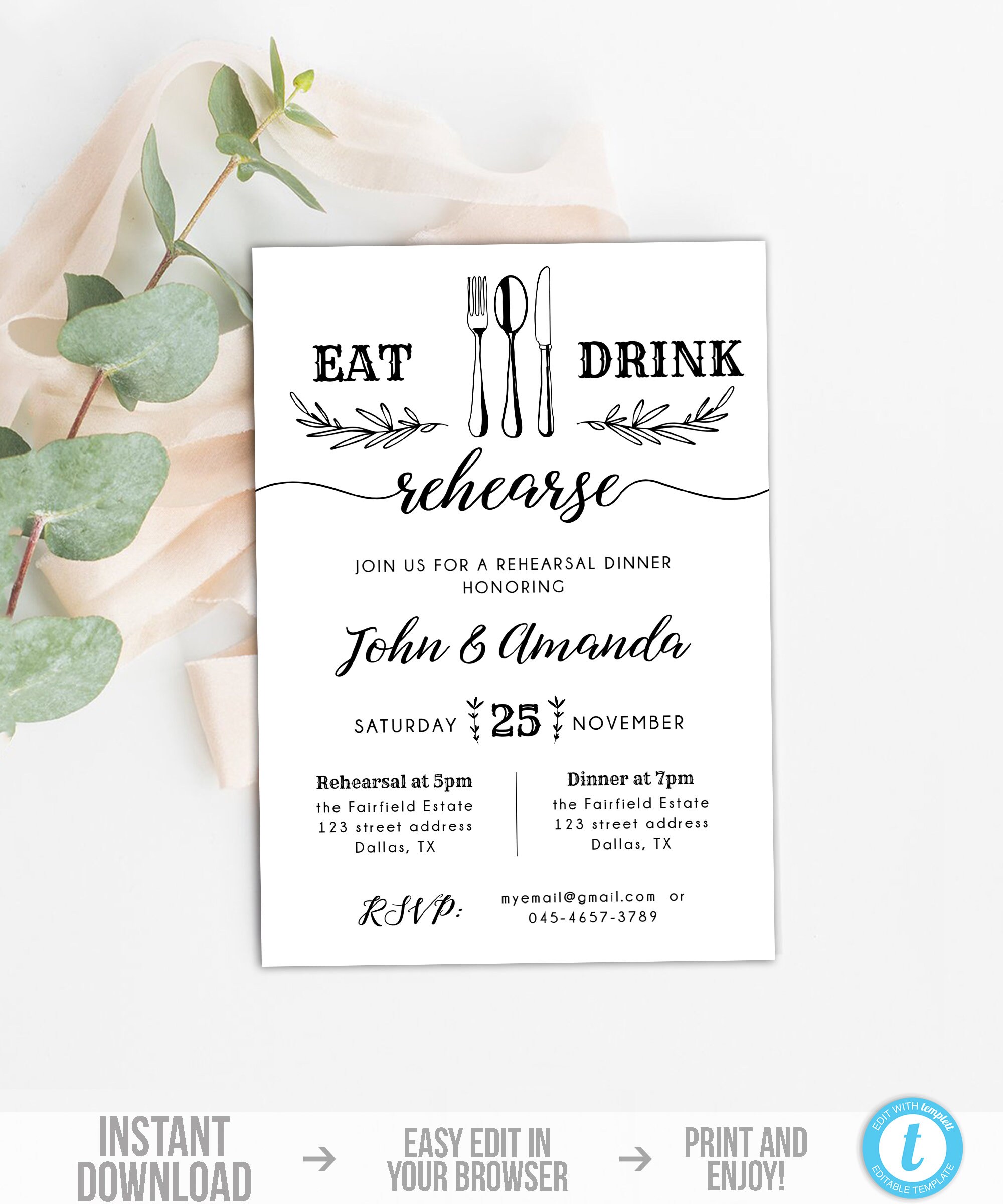 Rustic Rehearsal Dinner Invitation Template Eat Drink | Etsy