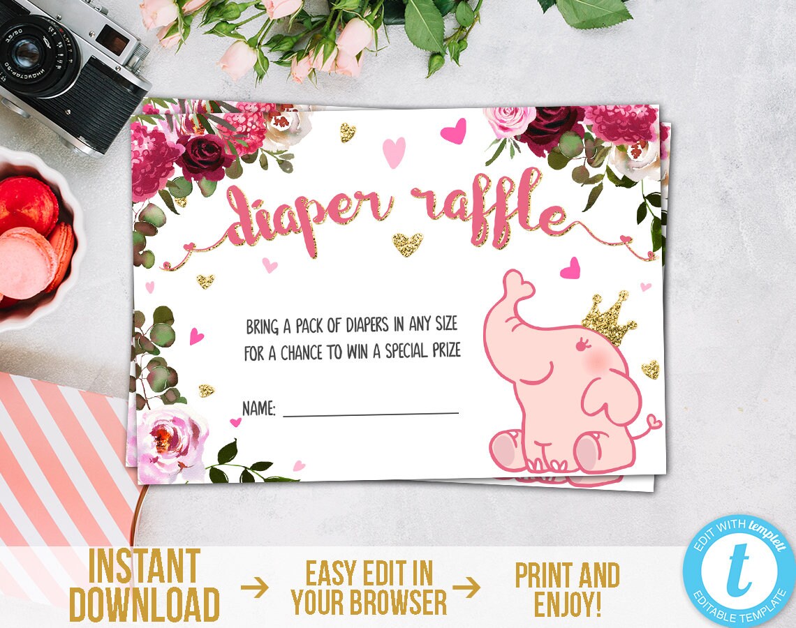 Elephant Diaper Raffle Card Girl Floral Pink Elephant Baby | Etsy
