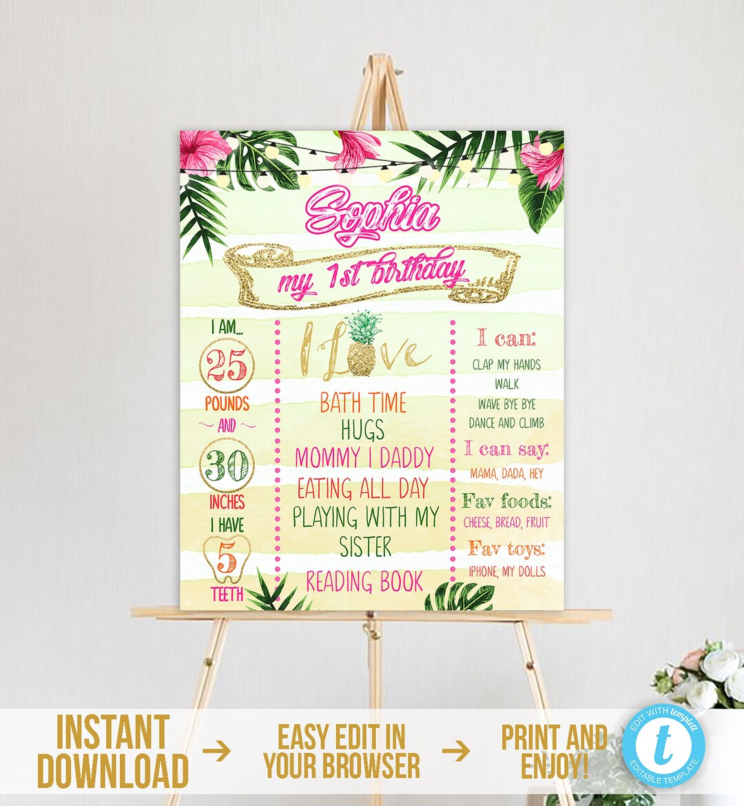 Tropical Birthday Milestone Poster Aloha First Birthday Sign Luau Party ...