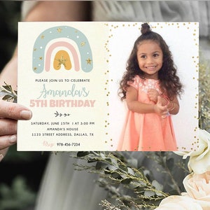 Boho Rainbow Birthday Invitation With Photo Gold Rainbow Invitation ...