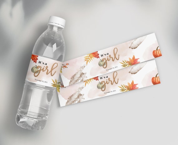 Pumpkin Girl Baby Shower Water Bottle Label Editable Gold Fall Water ...