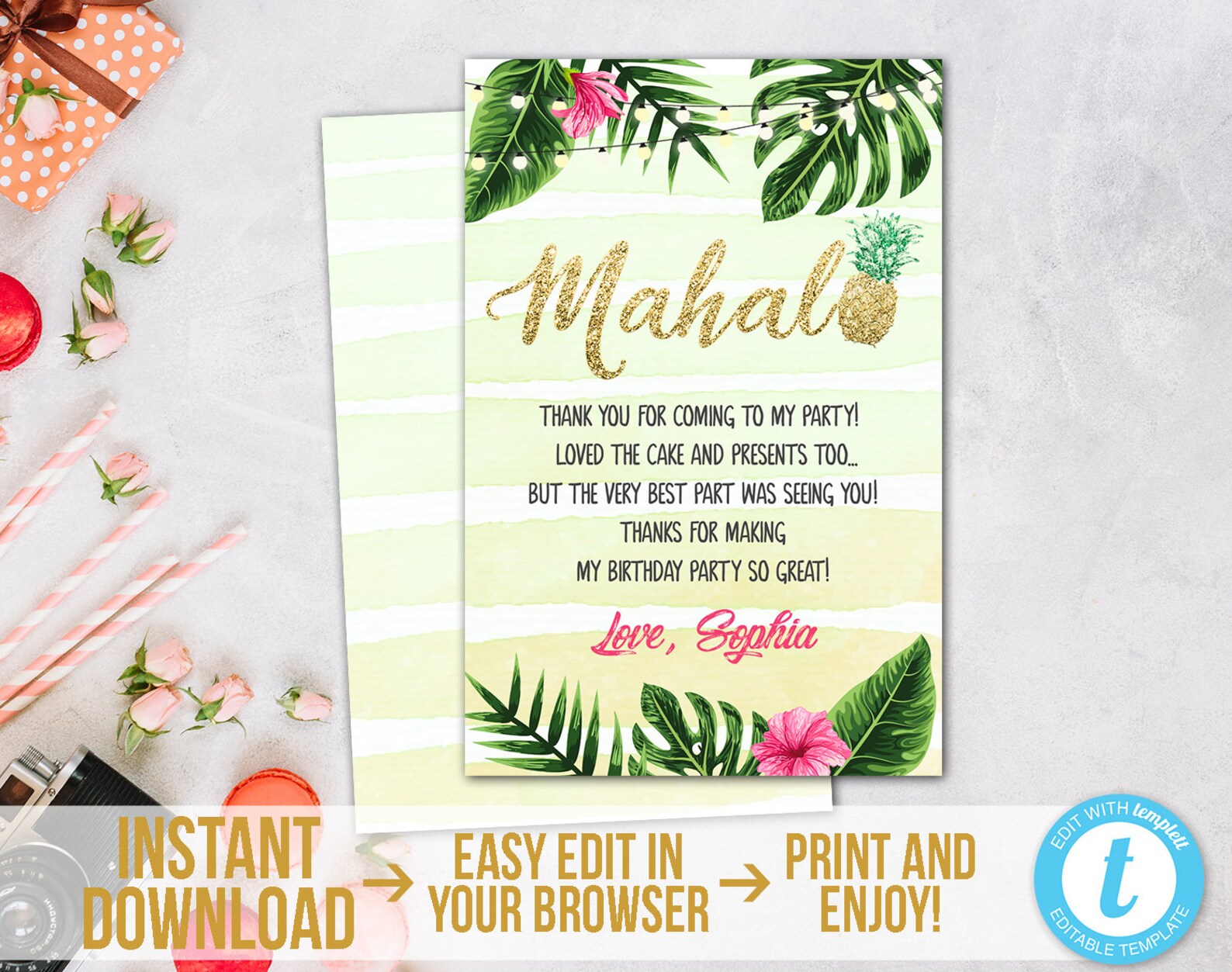 Tropical Thank You Card Hawaiian Birthday Thank You Card | Etsy