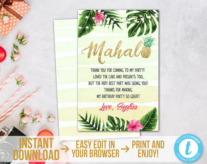 Tropical Thank You Card Hawaiian Birthday Thank You Card Printable Luau ...