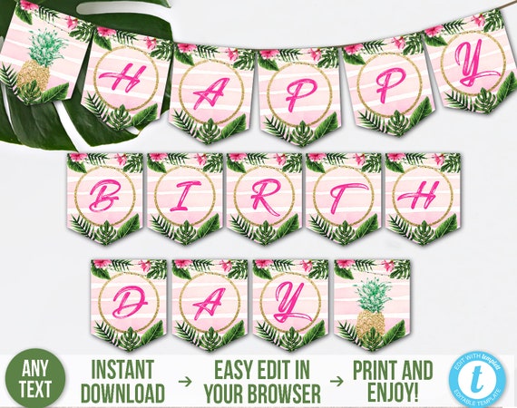 Tropical Banner Instant Download Hawaiian Birthday Banner Pineapple ...