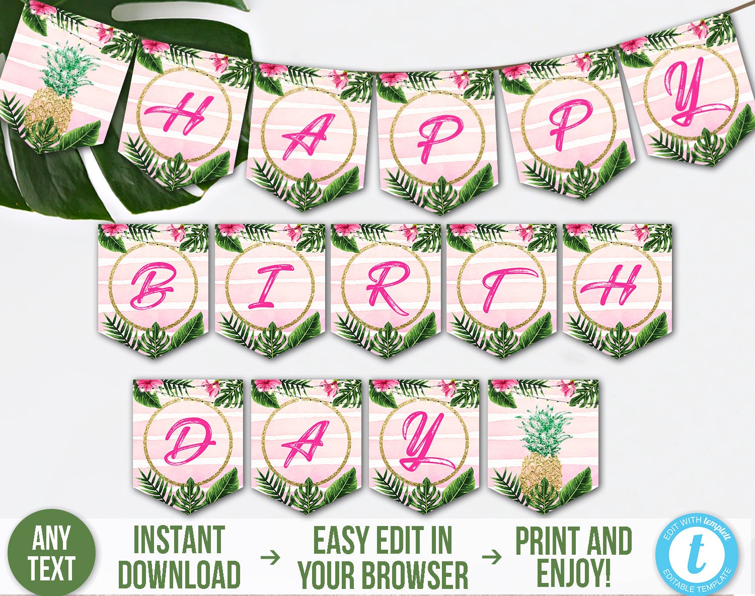Tropical Banner Instant Download Hawaiian Birthday Banner | Etsy