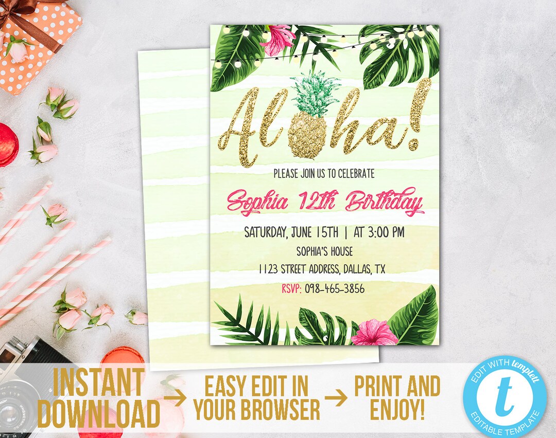 Aloha Birthday Invitation Pineapple Invitation Template Printable ...