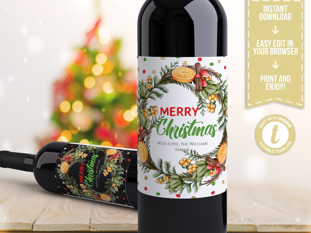 Christmas Wine Label Template Personalized Holiday Wine Bottle Label ...