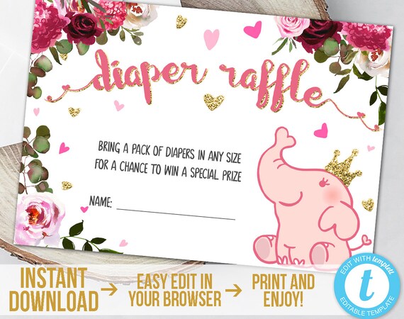 Elephant Diaper Raffle Card Girl Floral Pink Elephant Baby Shower ...