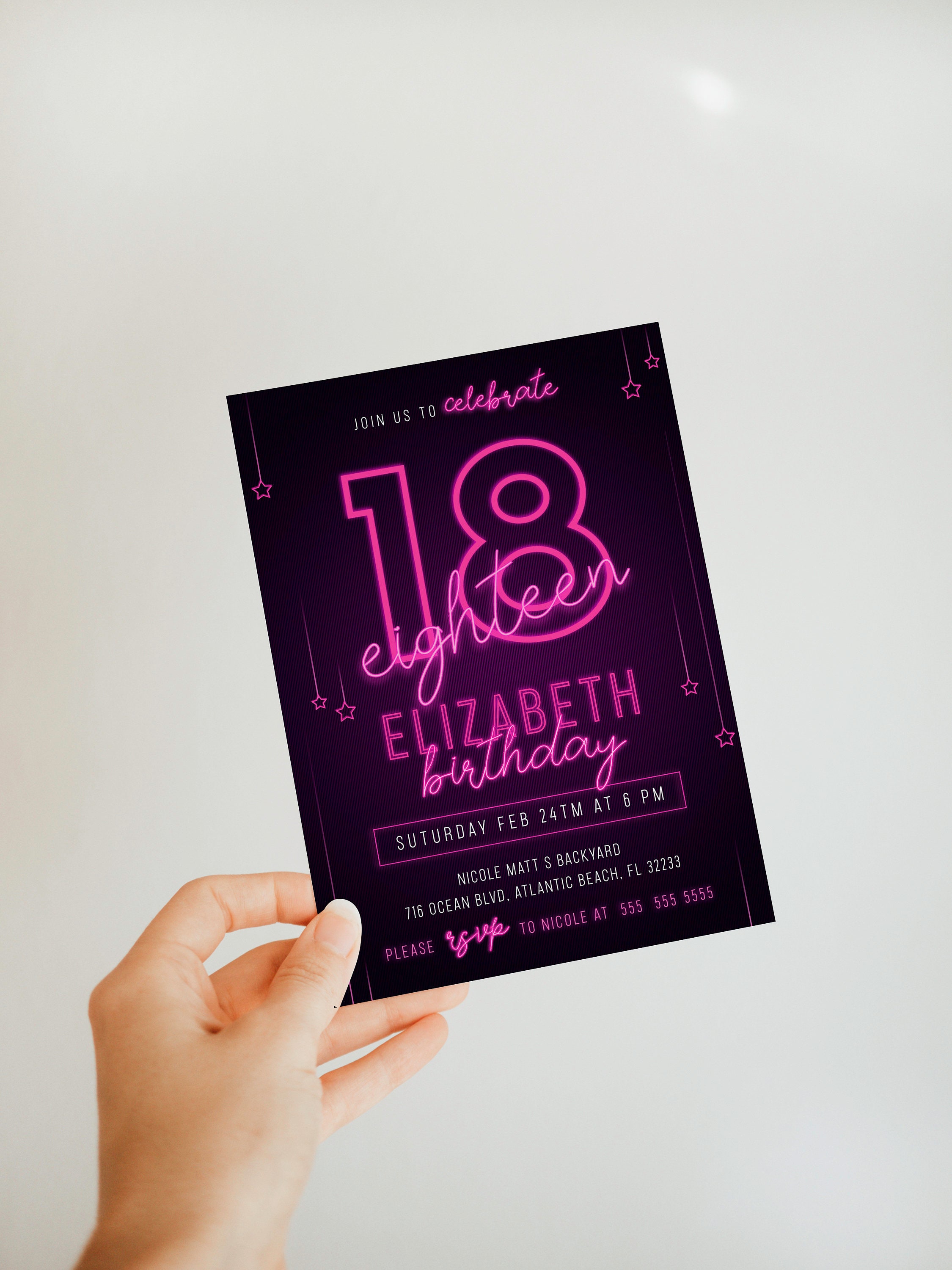 Pink Neon 18th Birthday Invitation Editable Neon Light Birthday Invite ...