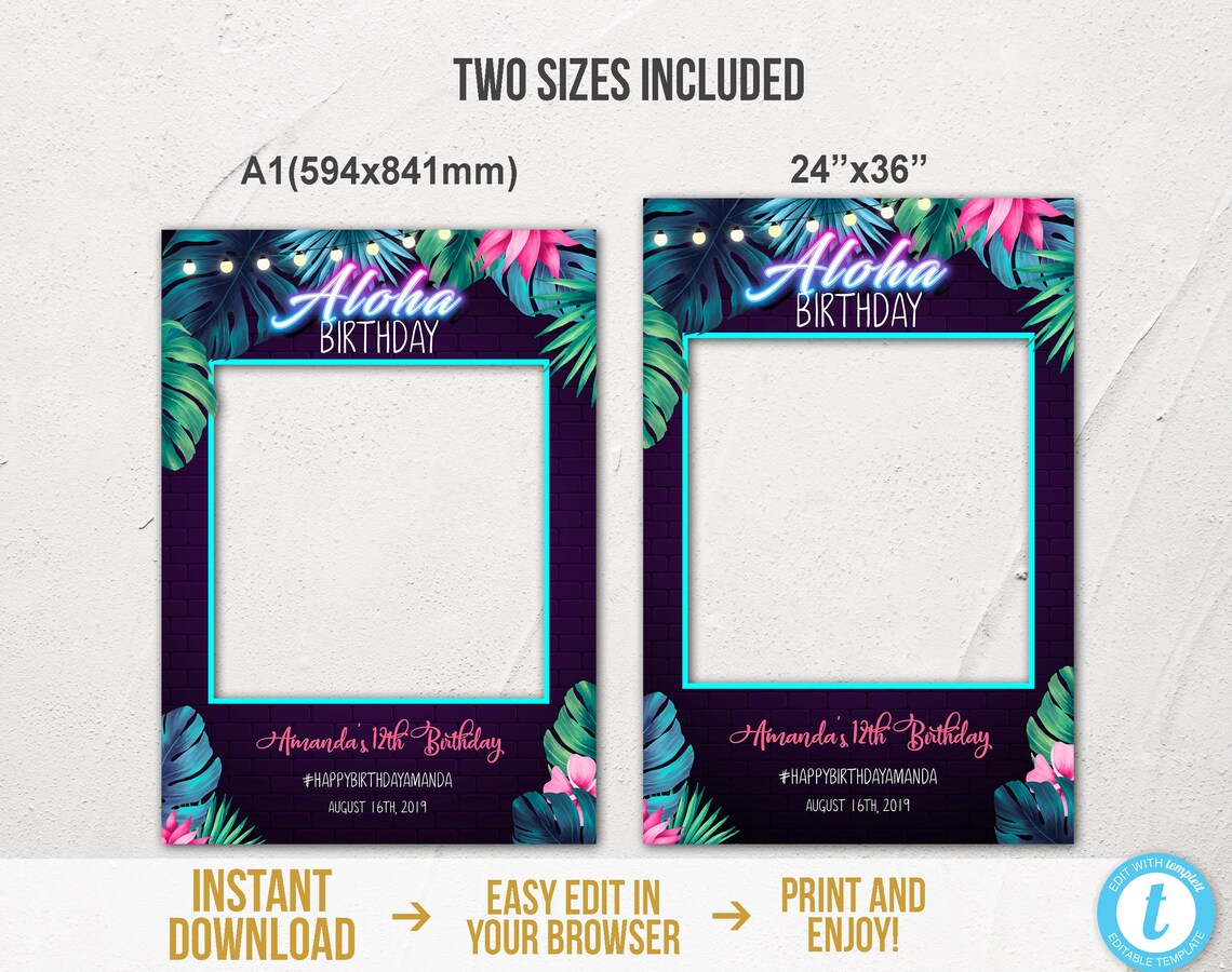 Neon Aloha Photo Booth Frame Printable Hawaiian Selfie Frame | Etsy