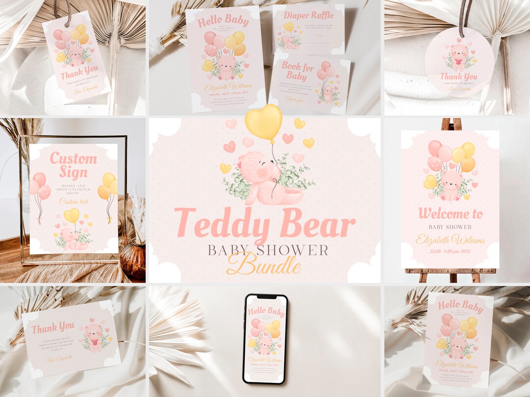 Teddy Bear Girl Baby Shower Bundle Printable Download Balloons Teddy ...